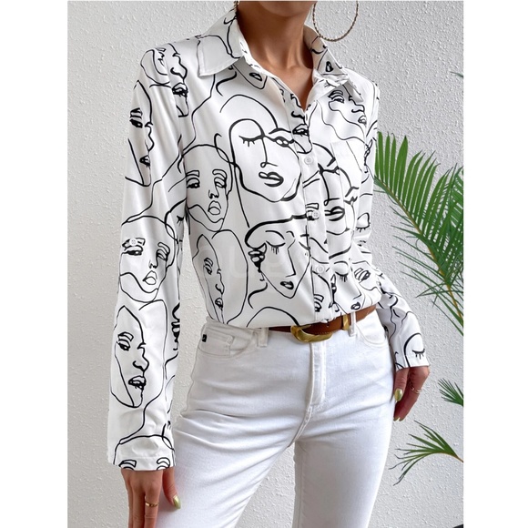 Rouge! | Tops | Abstract Face Print White Button Up Down Shirt Chest ...